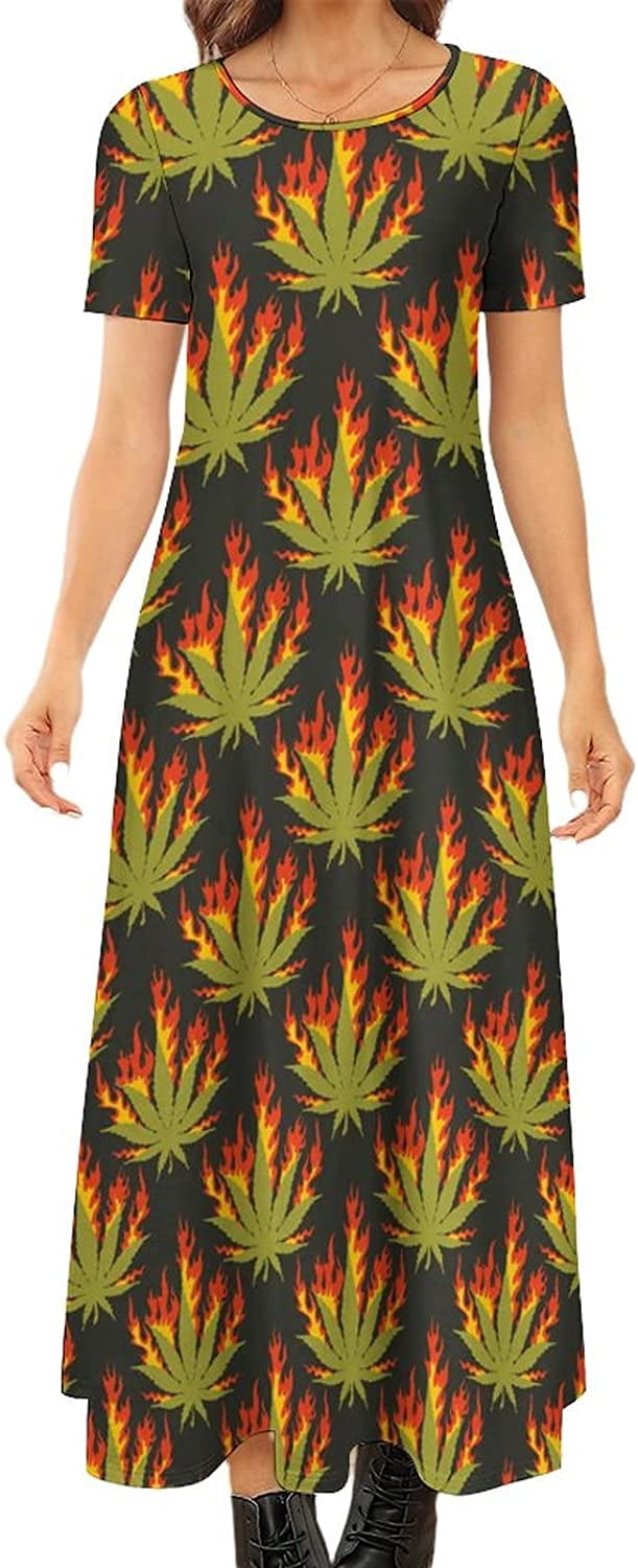 Burning Weed Leaves Women's Short Sleeve Crewneck Dress Casual Long ...