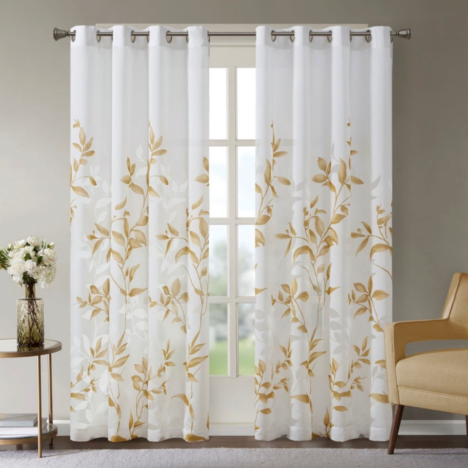 Burnout Printed Curtain Panel Only 1 Pc Panel Ivory Gold Polyester 50x84 Inches Modern Botanical ...