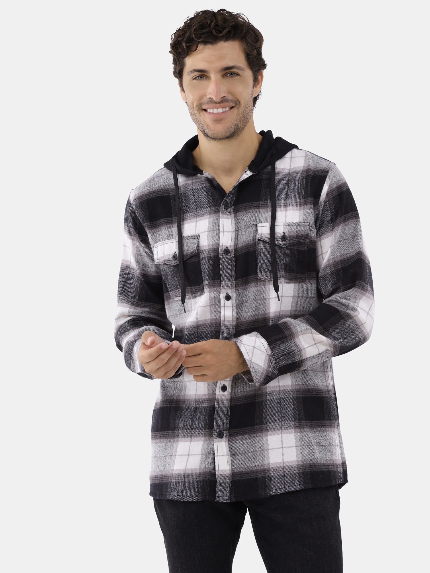 BURNSIDE Men's Hooded Flannel Shirt Long Sleeves S-2XL Fall Plaid ...