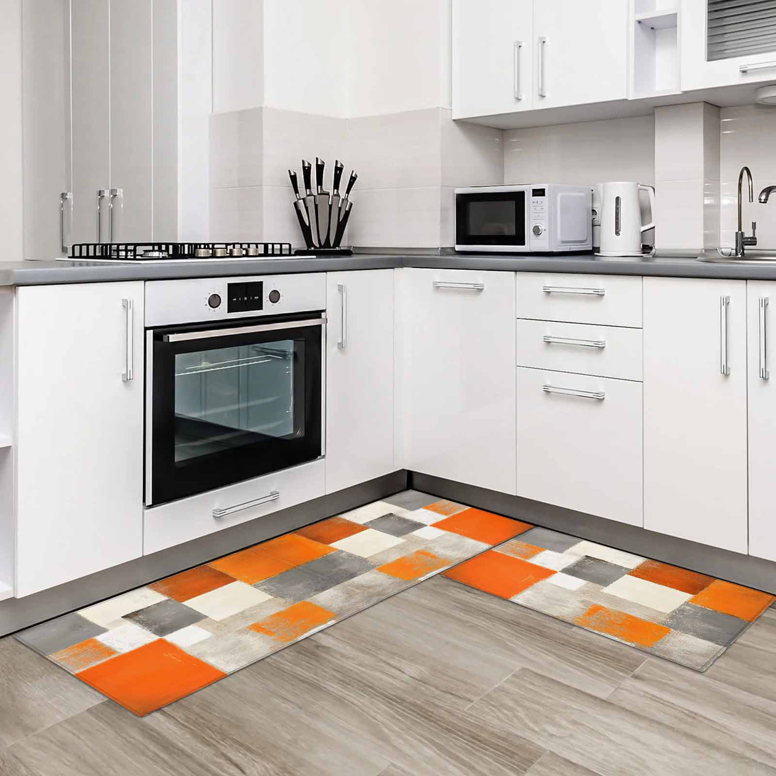 Burnt Orange 2 Pieces Non-Slip Kitchen Mat Set Grey Modern Abstract Art ...