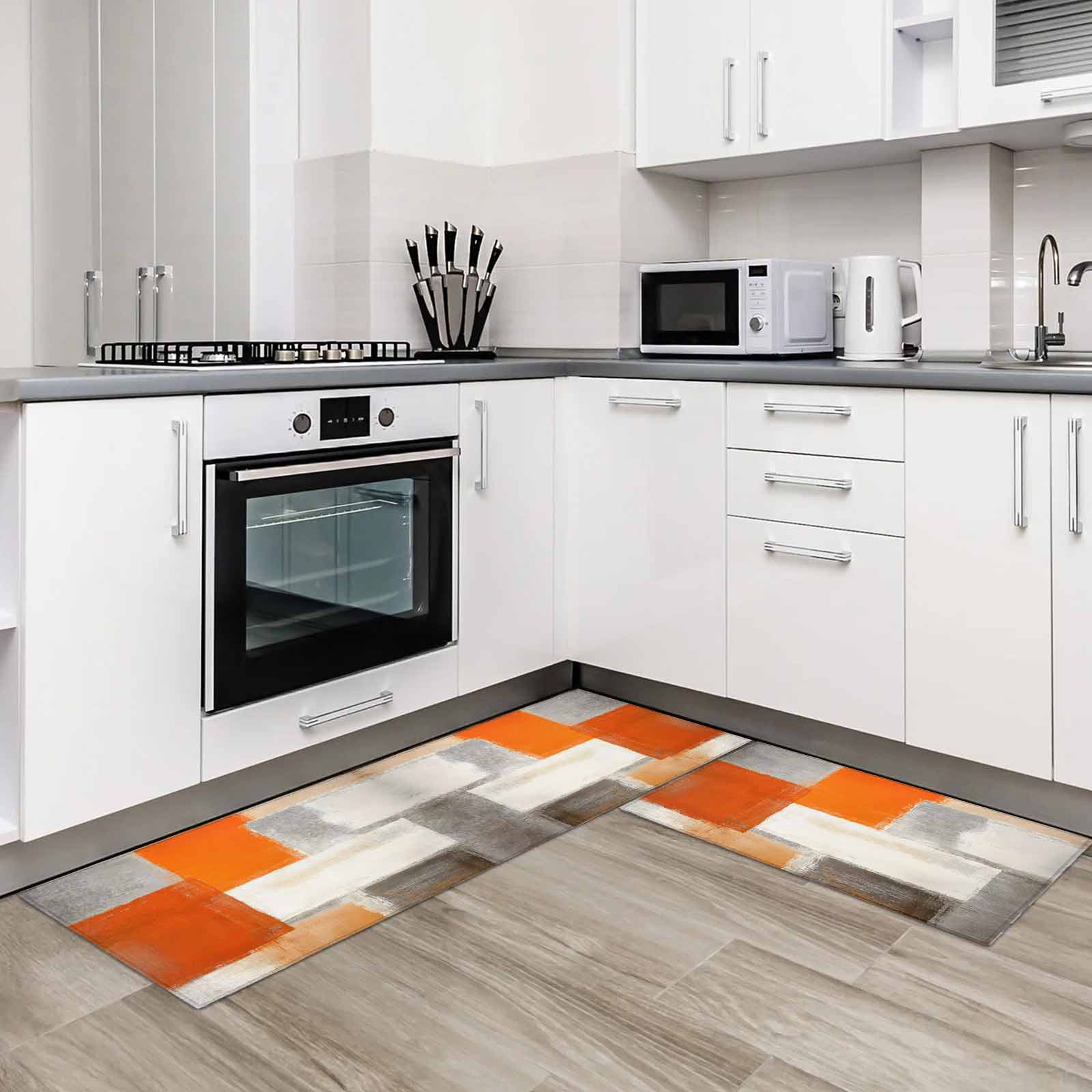 Burnt Orange 2 Pieces Non-Slip Kitchen Mat Set Modern Gray Geometric ...