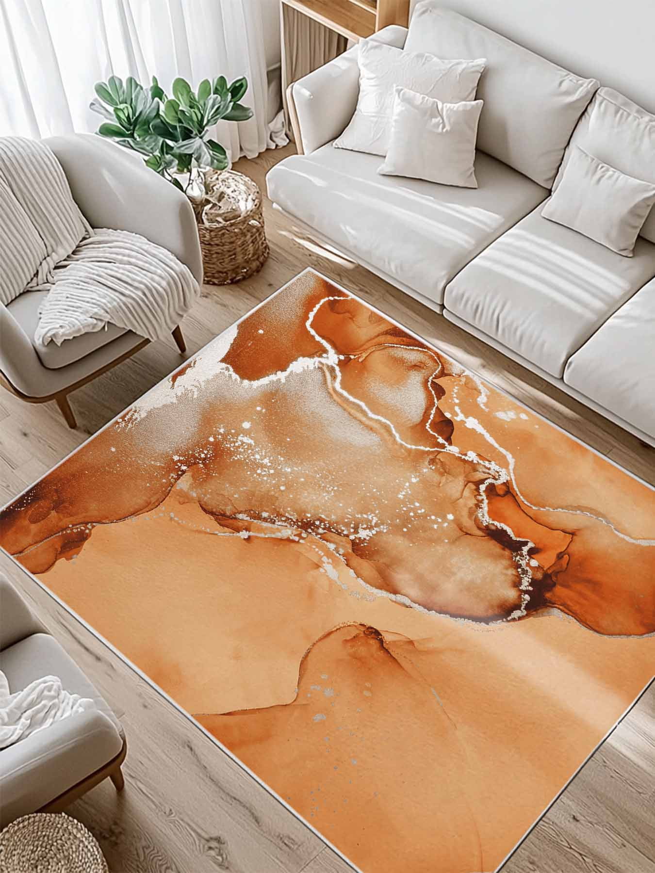 Burnt Orange Abstract Area Rug for Bedroom 2.7x5 Ft Silver Marble ...