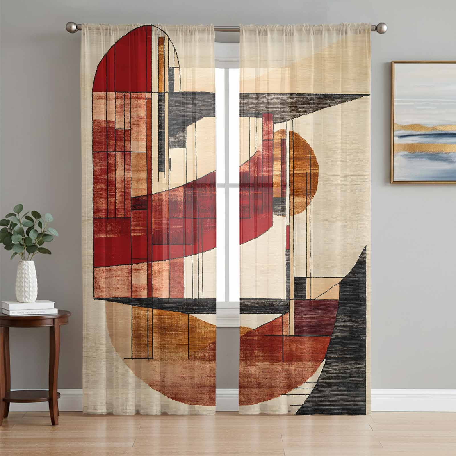 Burnt Orange Abstract Sheer Curtains 96 Inch Length 2 Panels Set ...