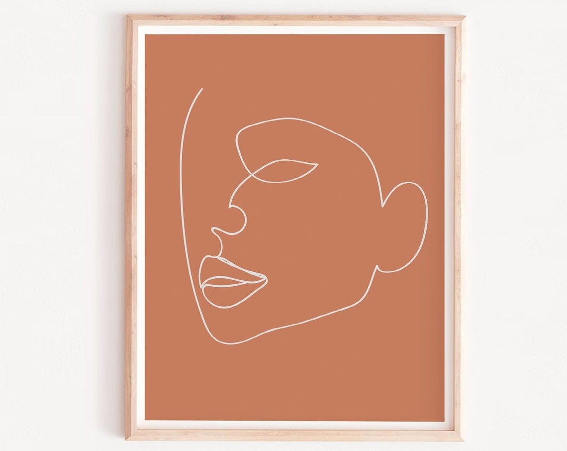 Burnt Orange Art, Abstract Art, Trendy Art, Fine Line Face Print, Boho ...