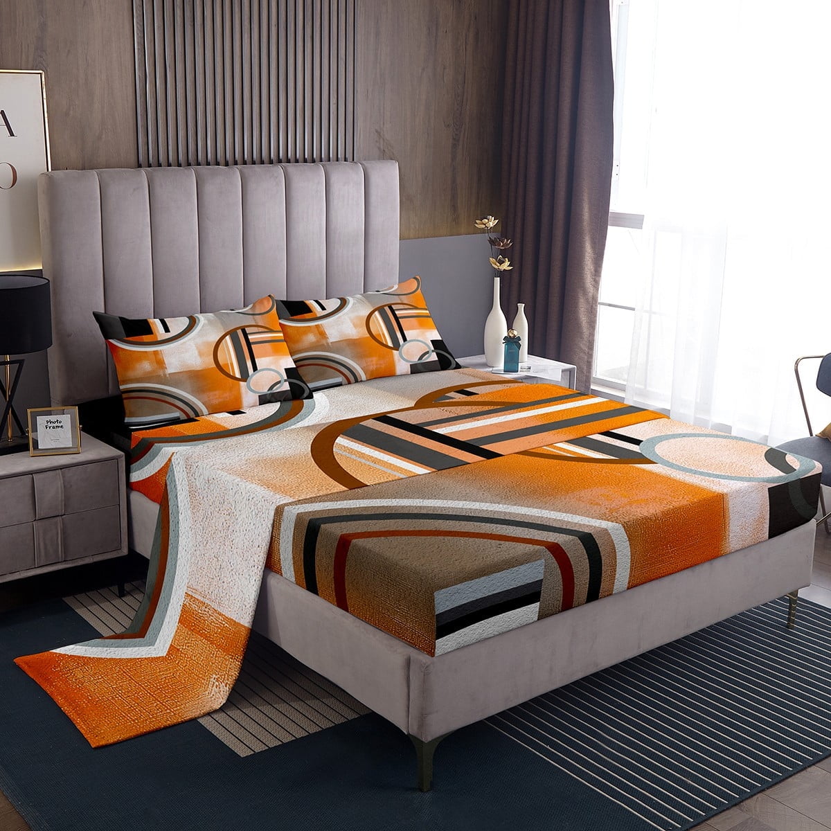Burnt Orange Bed Sheets Set King 4 Piece,Geometric Black Gray Sheet Set ...