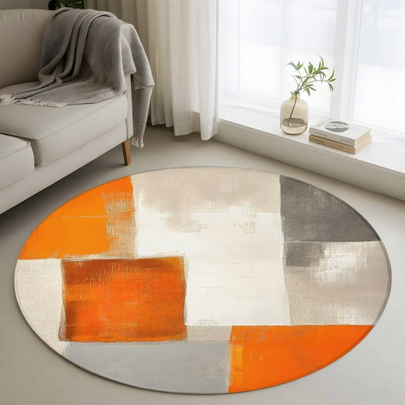Burnt Orange Beige 4ft Round Rug, Abstract Modern Oil Painting ...
