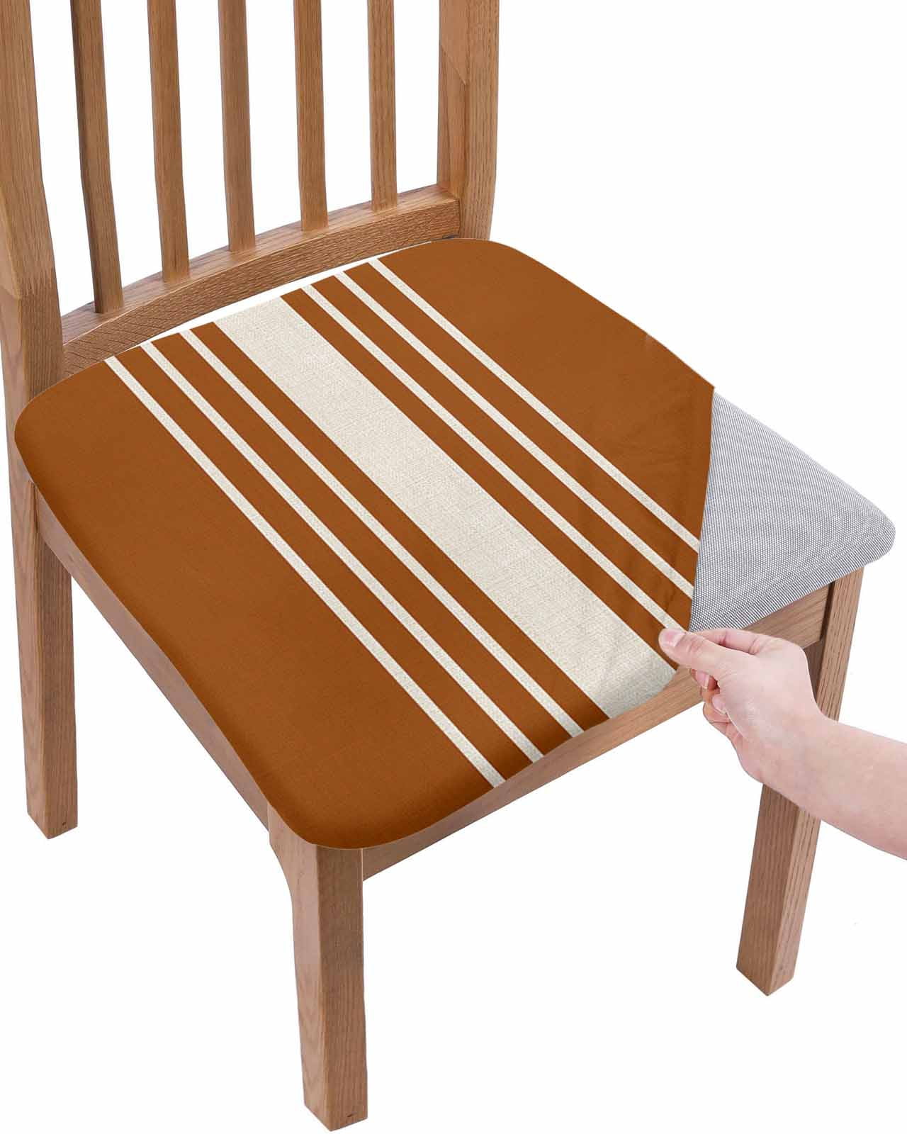 Burnt Orange Beige Striped Chair Seat Covers for Dining Room Stretch ...
