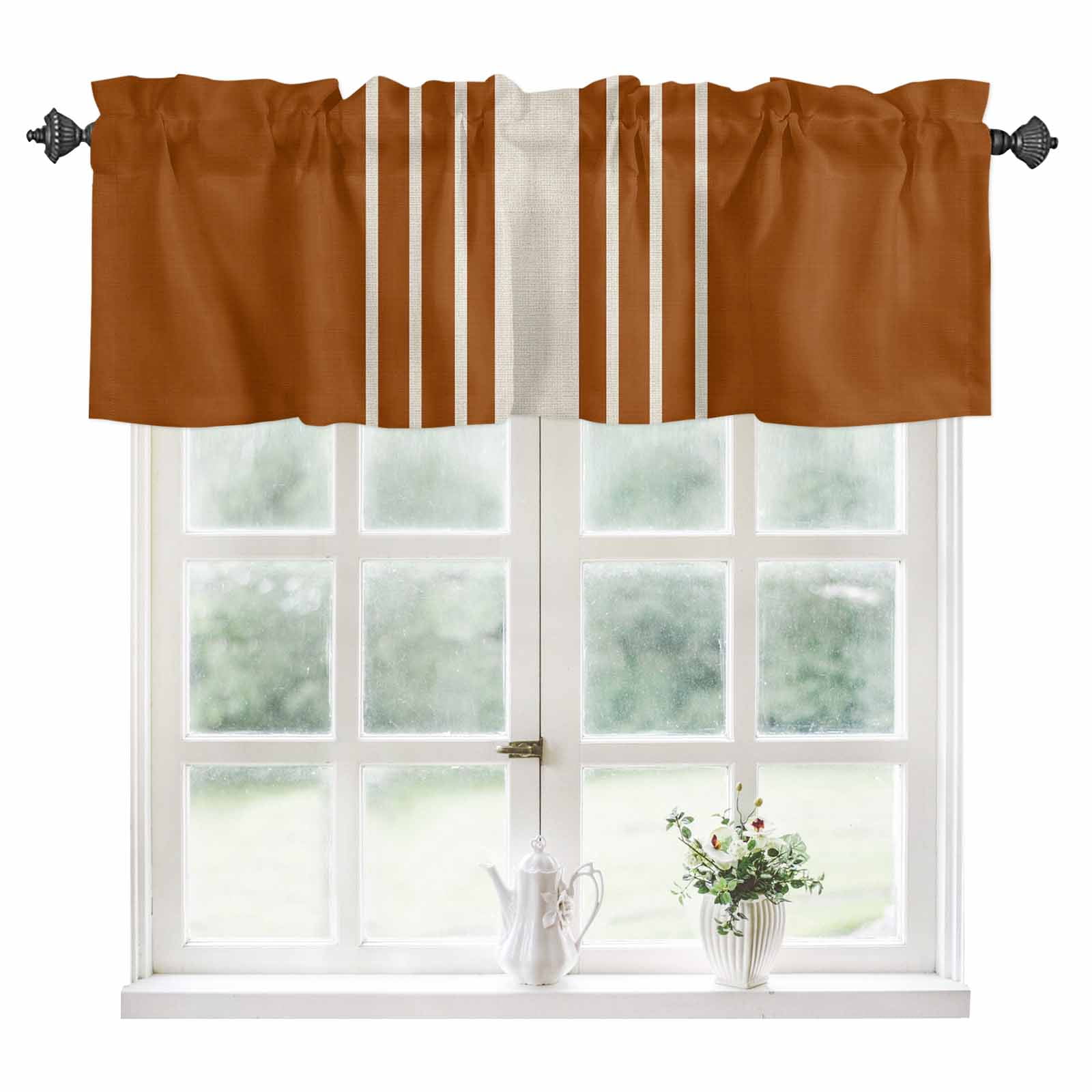 Burnt Orange Beige Striped Kitchen Valances for Windows 42x12 Inch ...