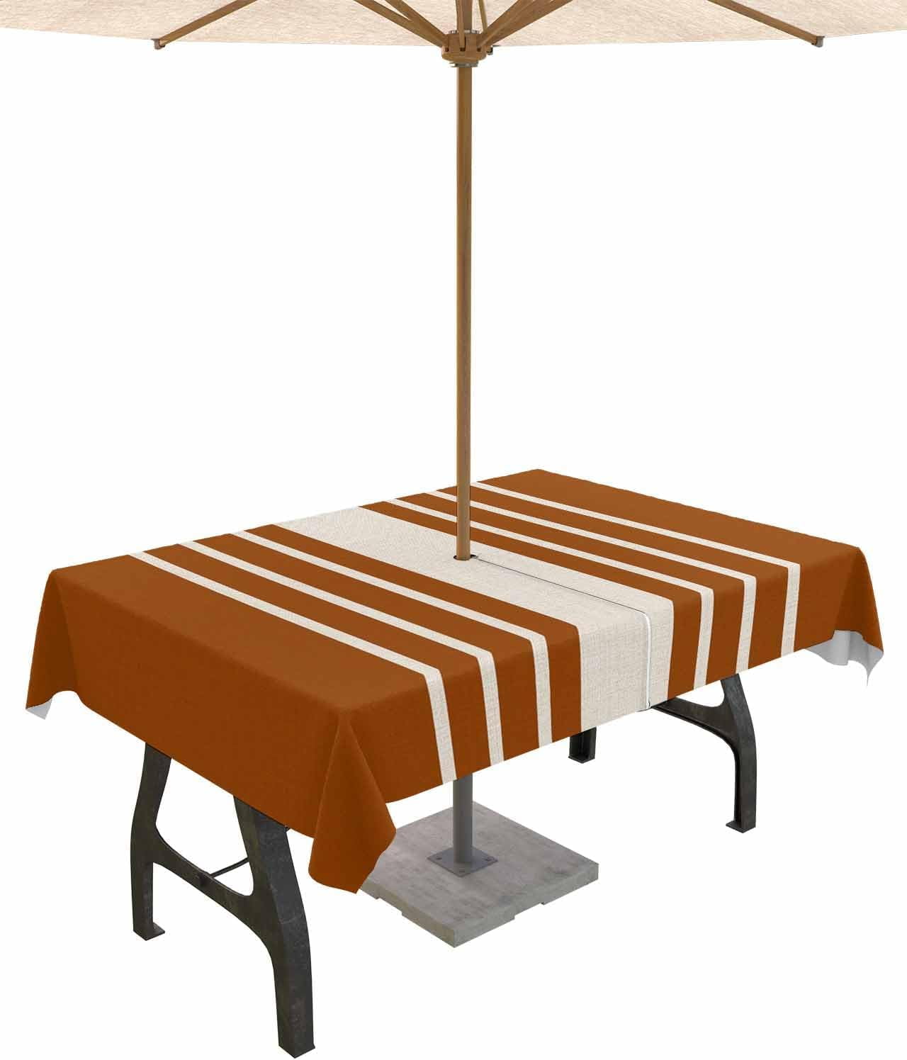 Burnt Orange Beige Striped Outdoor Tablecloth with Umbrella Hole ...