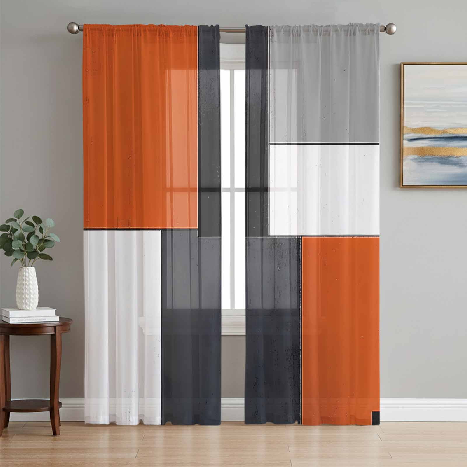 Burnt Orange Black Grey Sheer Curtains 84 Inch Length 2 Panels Set ...