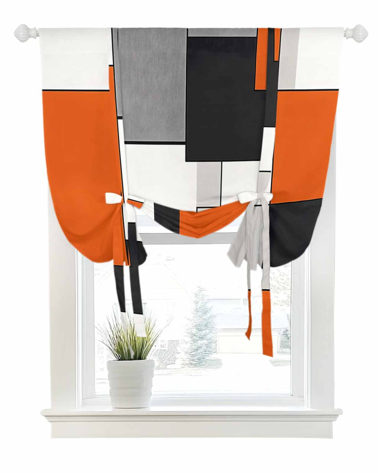 Burnt Orange Black Grey Tie Up Curtains for Window, Thermal Insulated Balloon Shade Adjustable ...