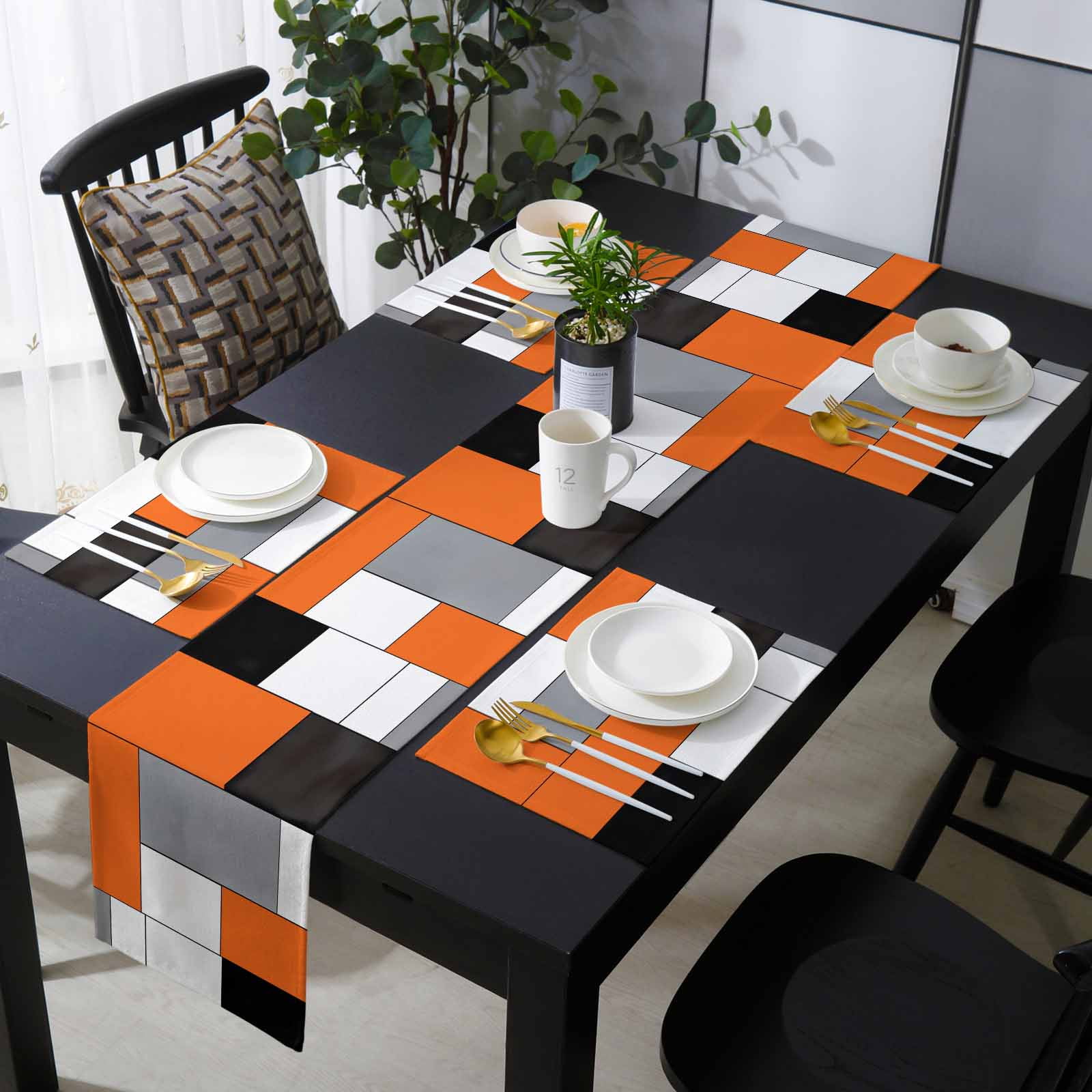 Burnt Orange Black Placemats Set of 6 with 72 Inches Long Table Runner ...