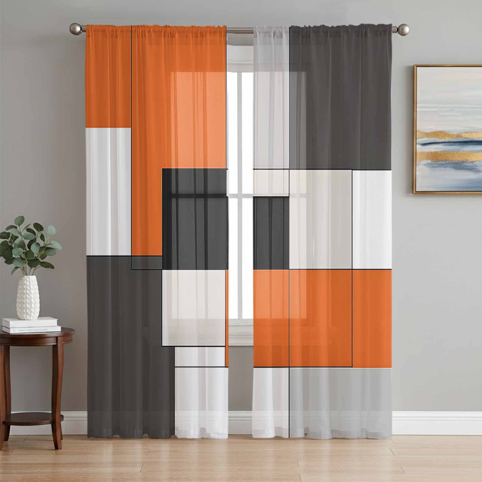 Burnt Orange Black Semi Sheer Window Curtains 84 Inches Long, Modern ...