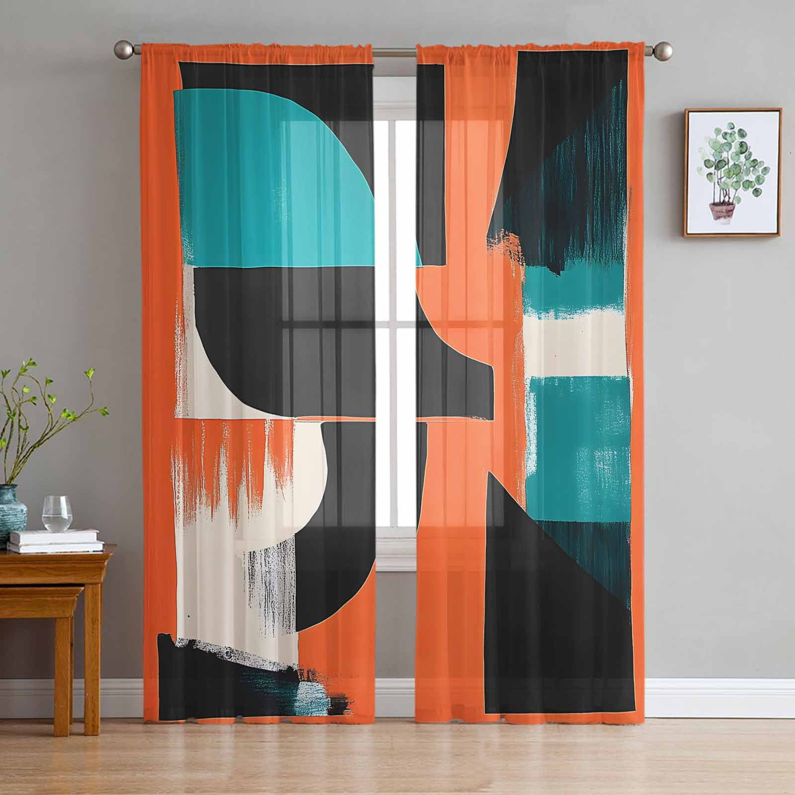 Burnt Orange Black Teal Sheer Curtains 63 Inches Length 2 Panels Set ...