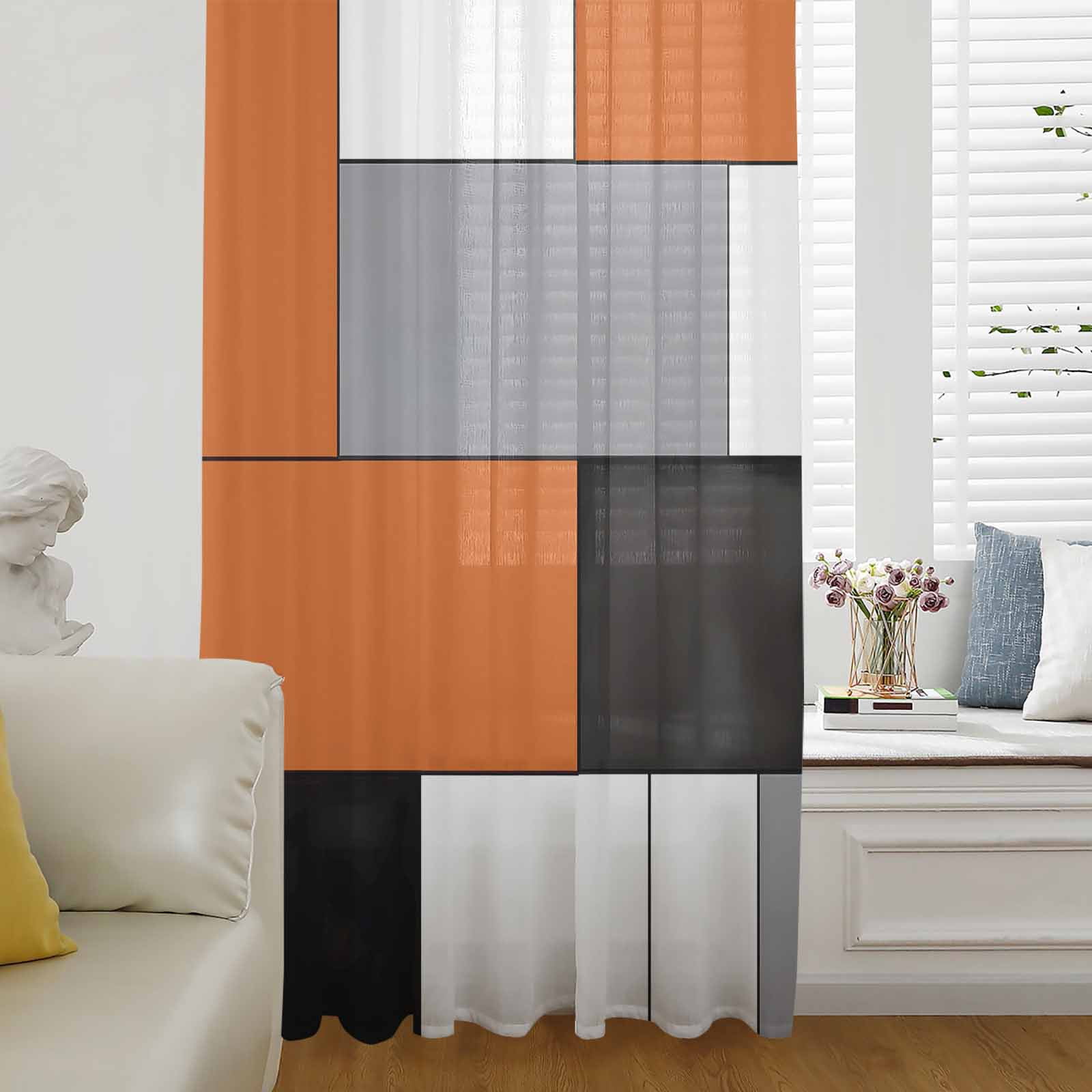 Burnt Orange Black Window Curtain 63 Inches Long,Grey White Vintage ...