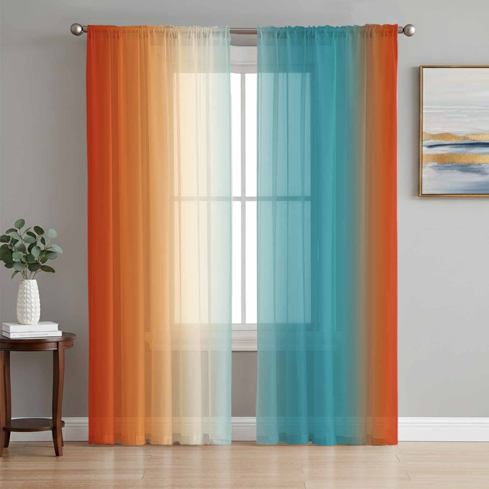 Burnt Orange Blue Ombre Sheer Curtains for Living Room Bedroom Modern ...