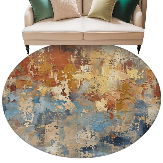 Burnt Orange Blue Round Rug 6ft Washable Circle Kitchen Rugs Non Slip ...