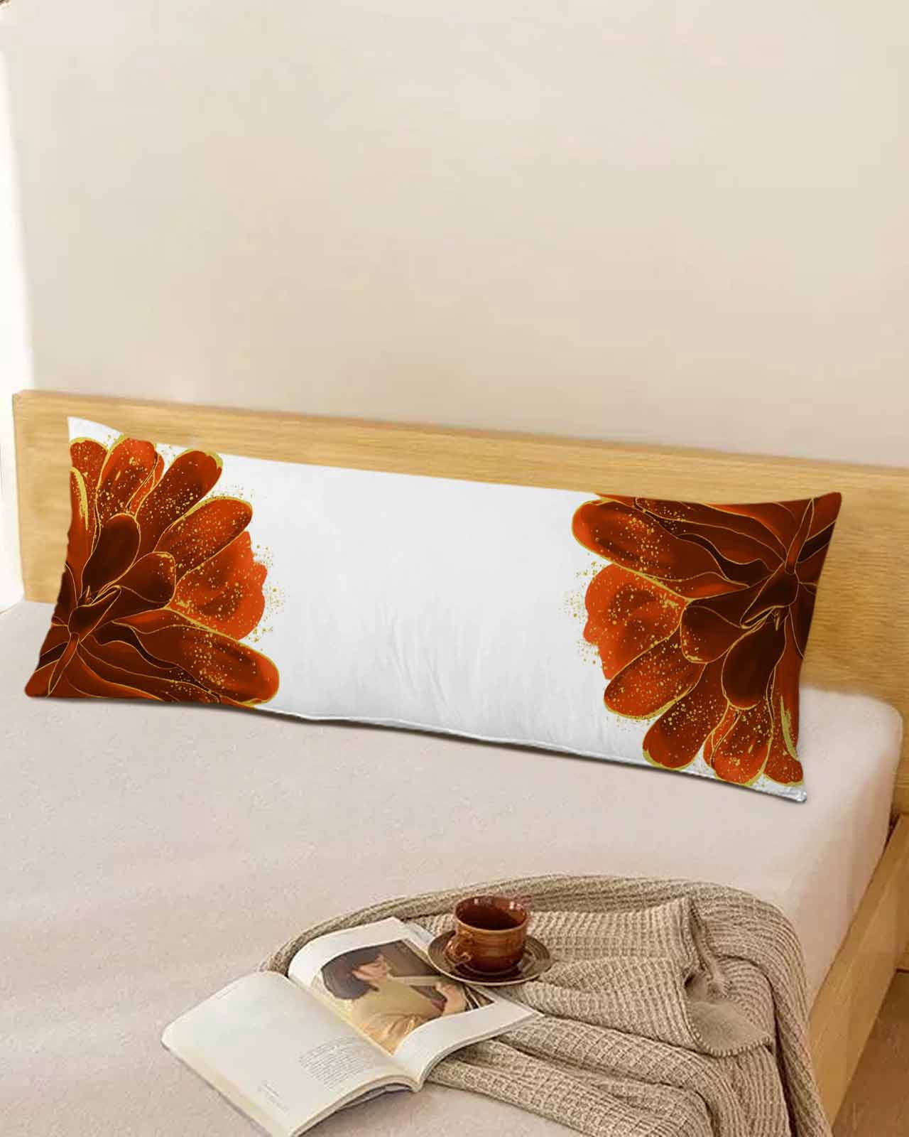 Burnt Orange Body Pillow Covers, Sparkle Gold Stained Floral Flower Art ...
