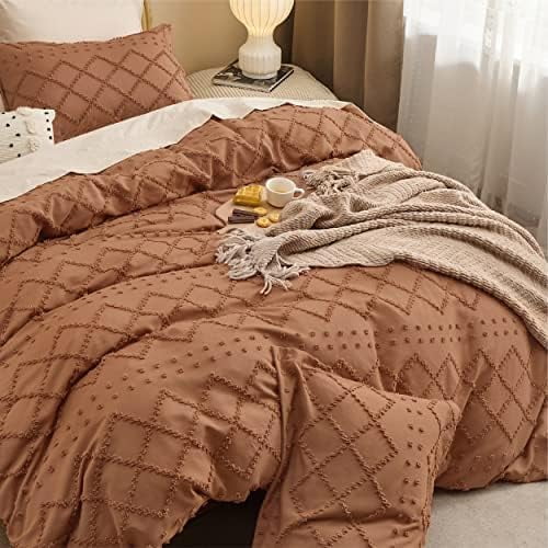 Burnt Orange Bohemian King Duvet Cover Set 3 Piece Tufted Embroidery ...