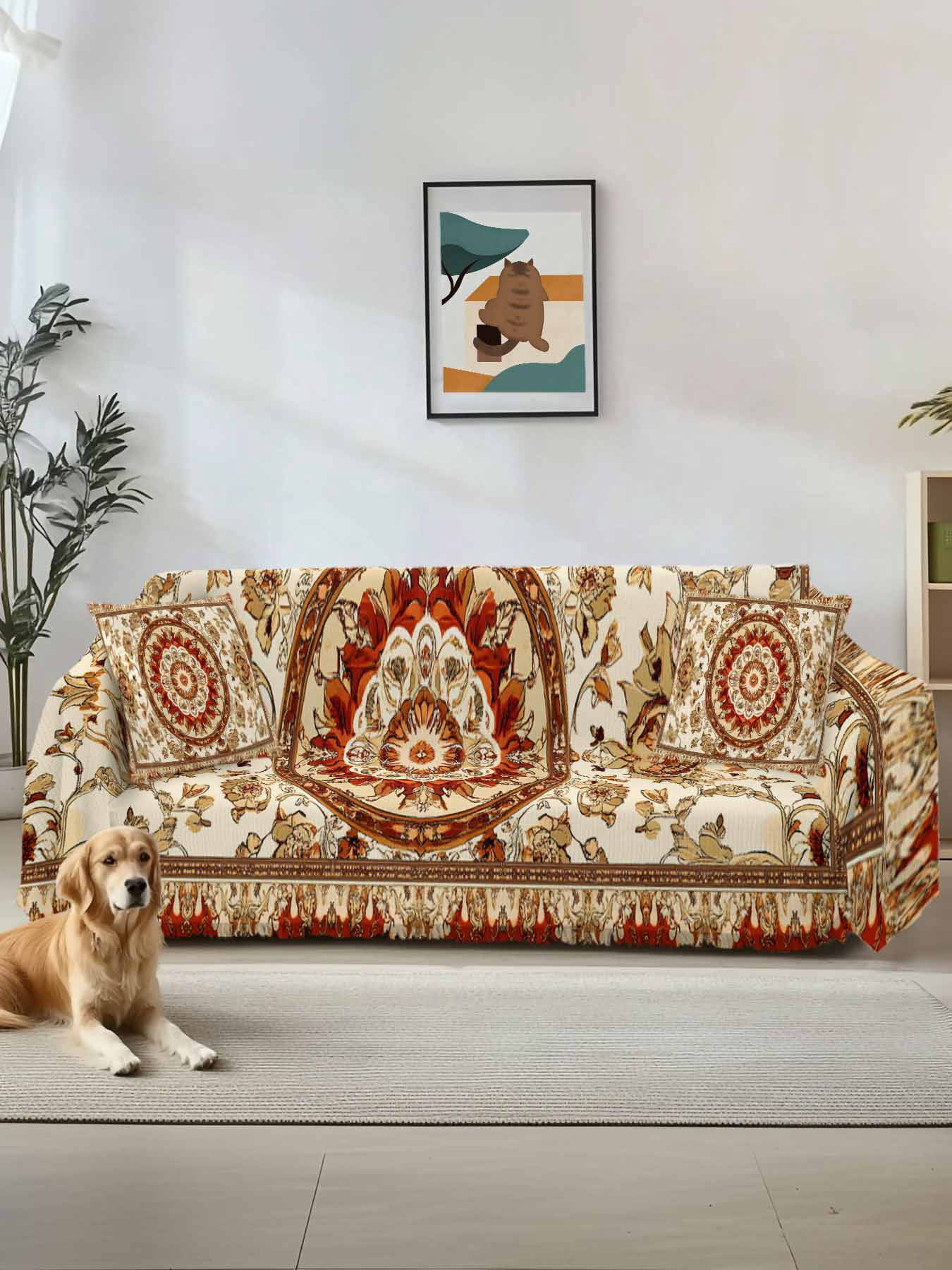 Burnt Orange Boho Couch Cover, Beige Brown Ethnic Tribe Sofa Cover ...