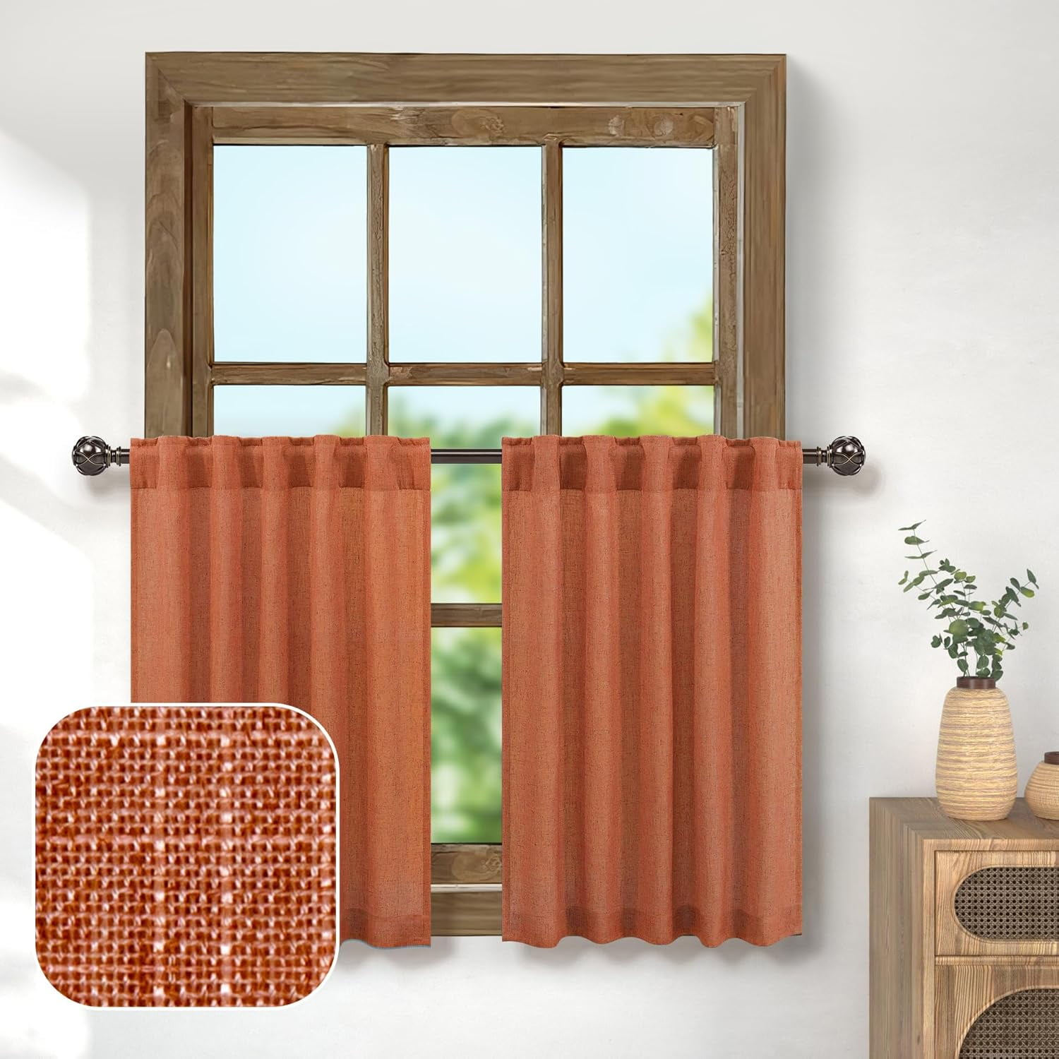 Burnt Orange Boho Country Kitchen Curtains 36 Inch Length for Small ...
