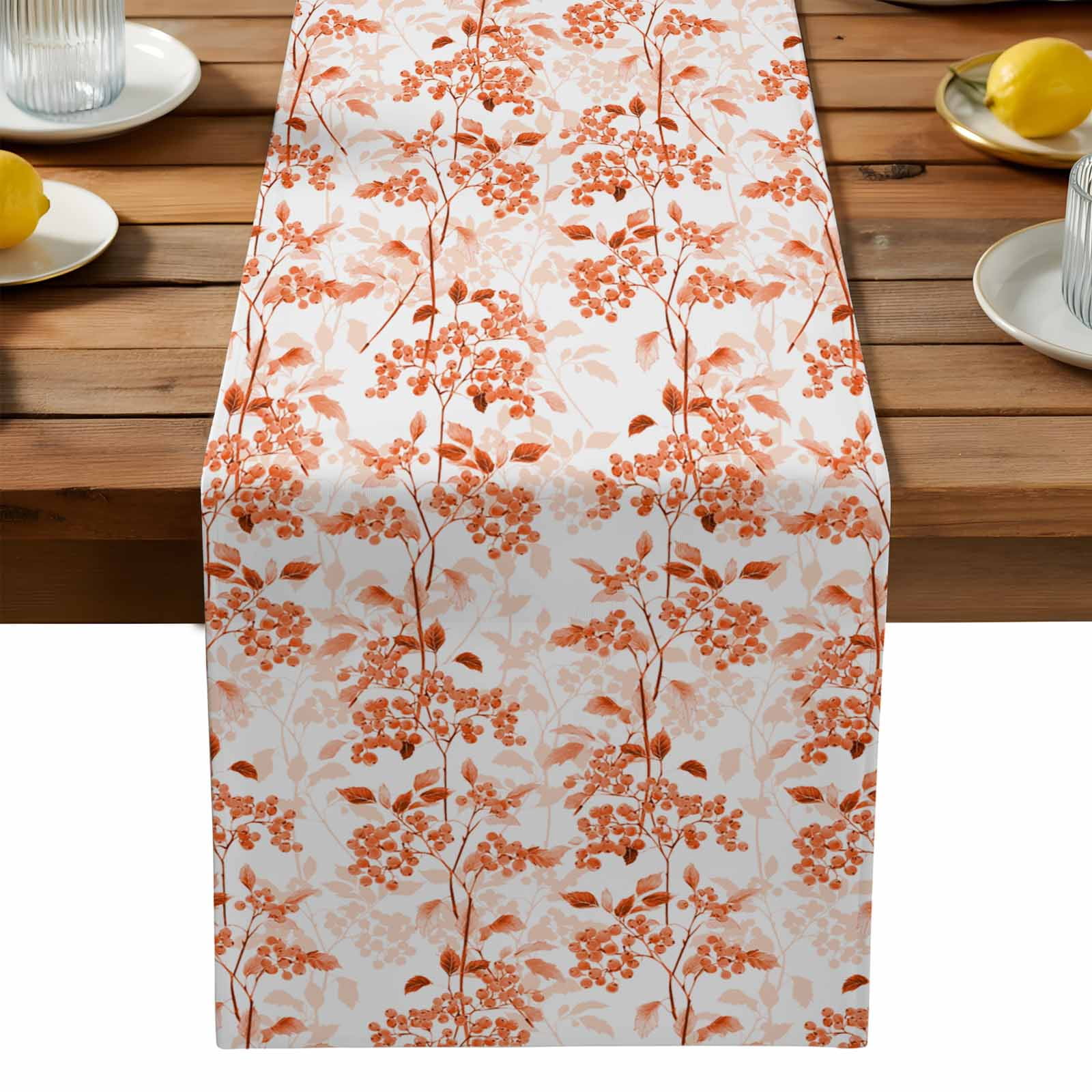 Burnt Orange Botanical Cotton Linen Table Runner for Dining Kitchen ...