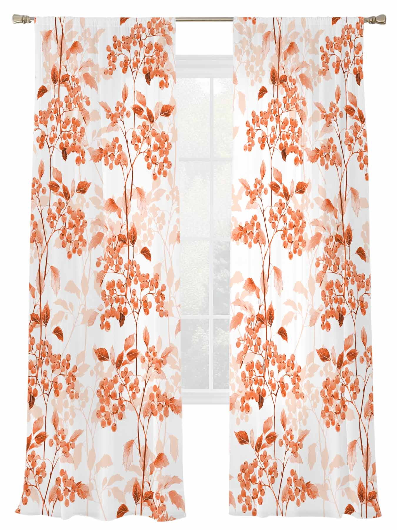 Burnt Orange Botanical Sheer Curtains 84 Inch Length 2 Panels Set, Semi ...