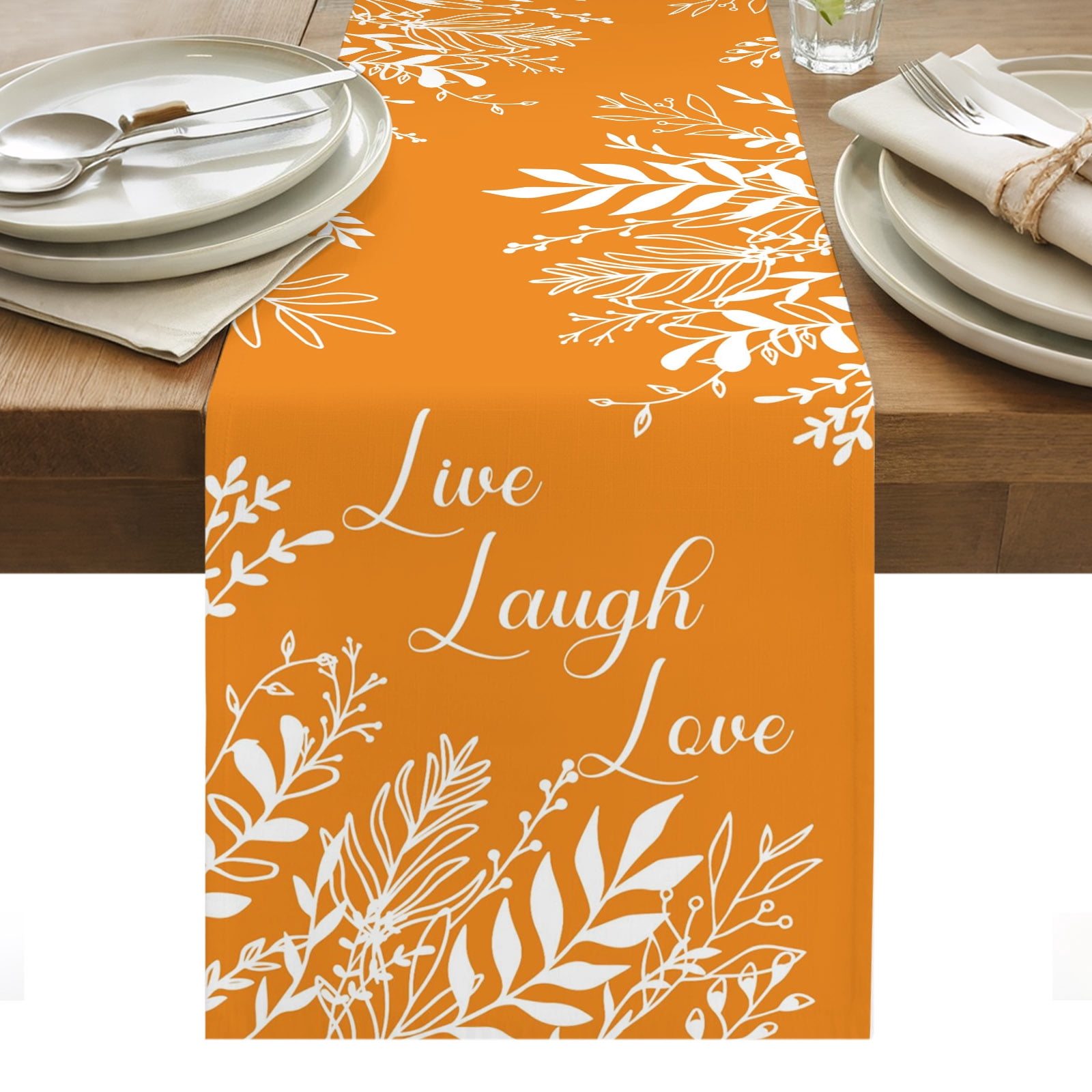 Burnt Orange Botanical Table Runner Farmhouse Laugh Love Leaves ...
