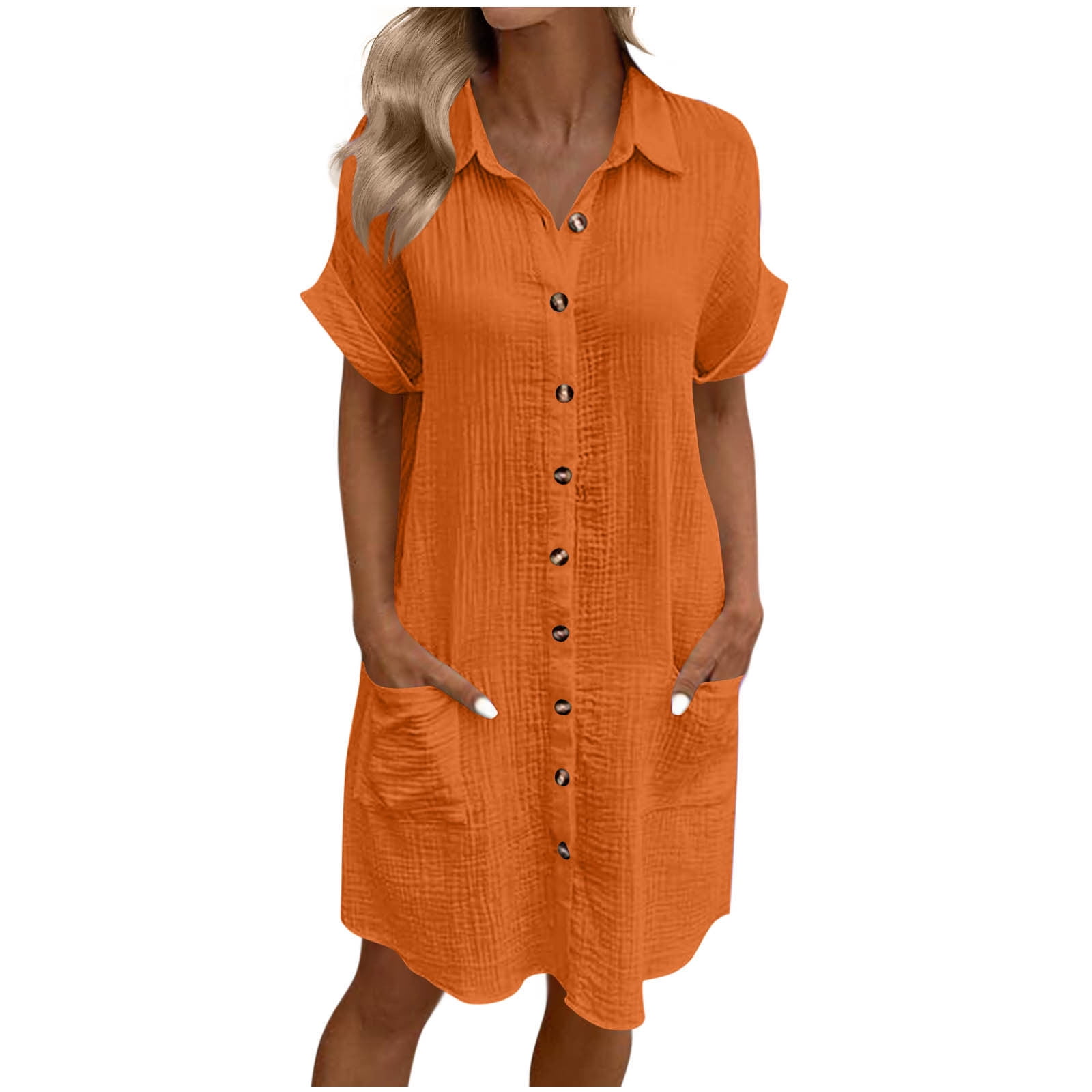 Burnt Orange Button Up Dresses for Women Summer Fall Short Sleeve ...