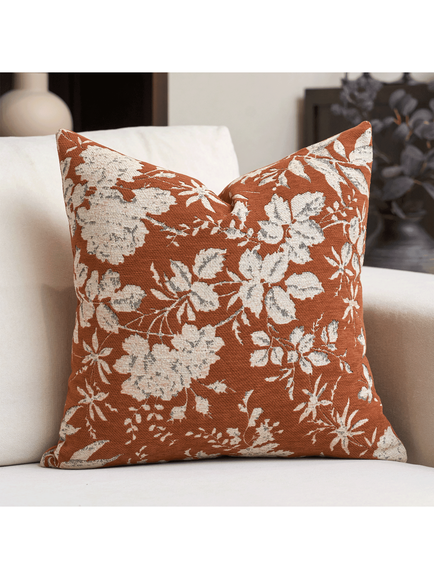 Burnt Orange Chenille Jacquard Floral Vintage Throw Pillow Cover ...