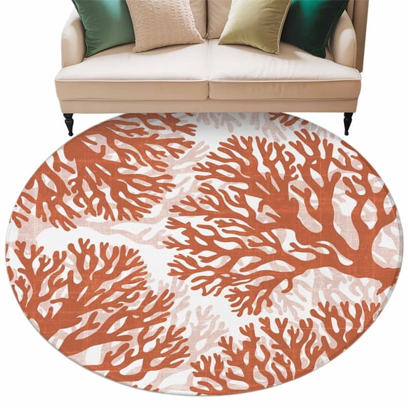 Burnt Orange Coral Coastal Round Rug 7ft Washable Circle Rugs Non Slip ...