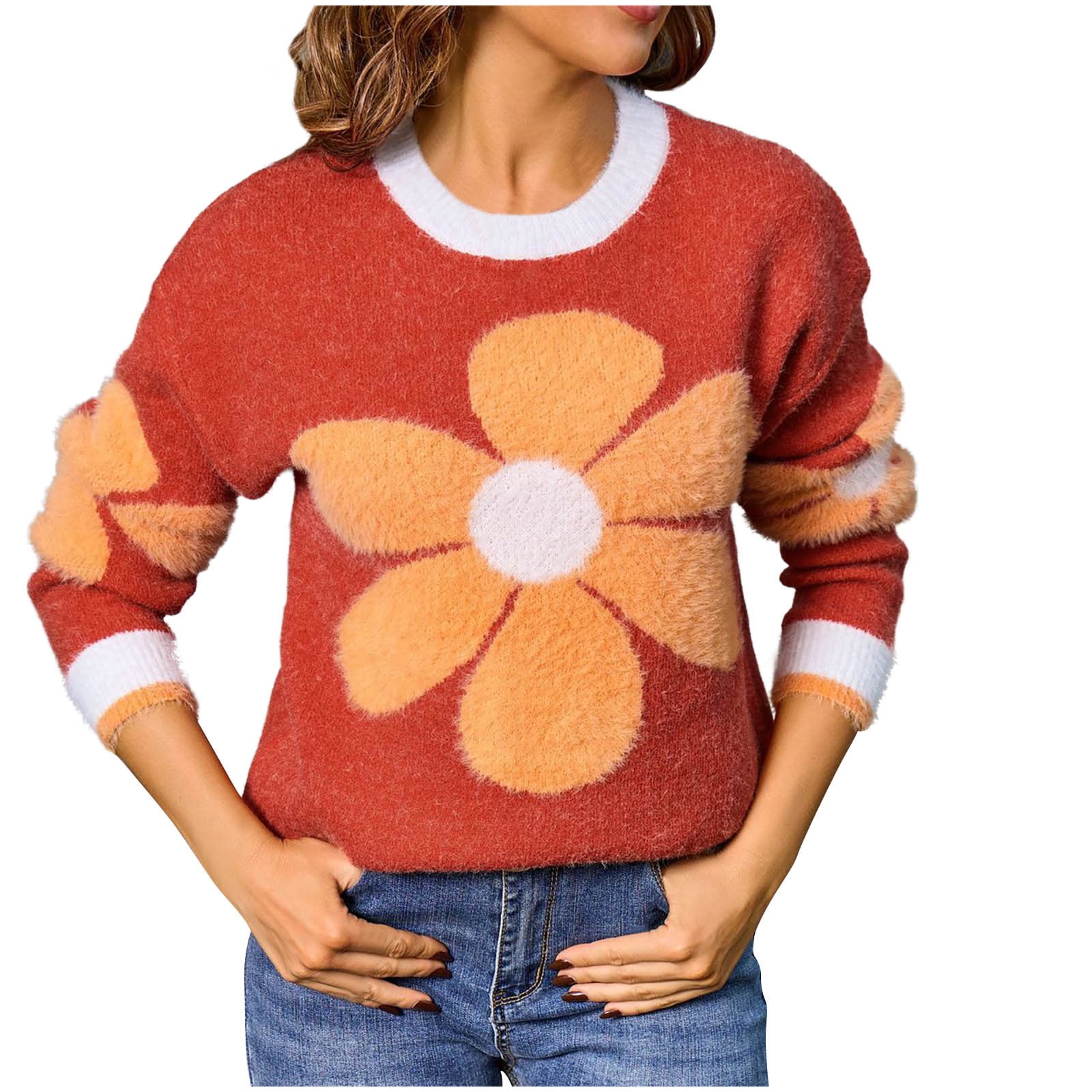 Burnt Orange Crochet Thermal Striped Cable Knit Patchwork Brunch Shirts ...