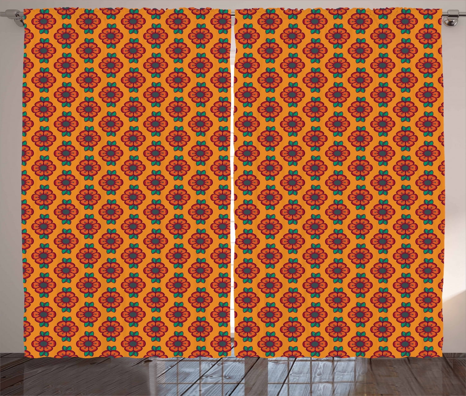 Burnt Orange Curtains 2 Panels Set Abstract Flourishing Nature Pattern