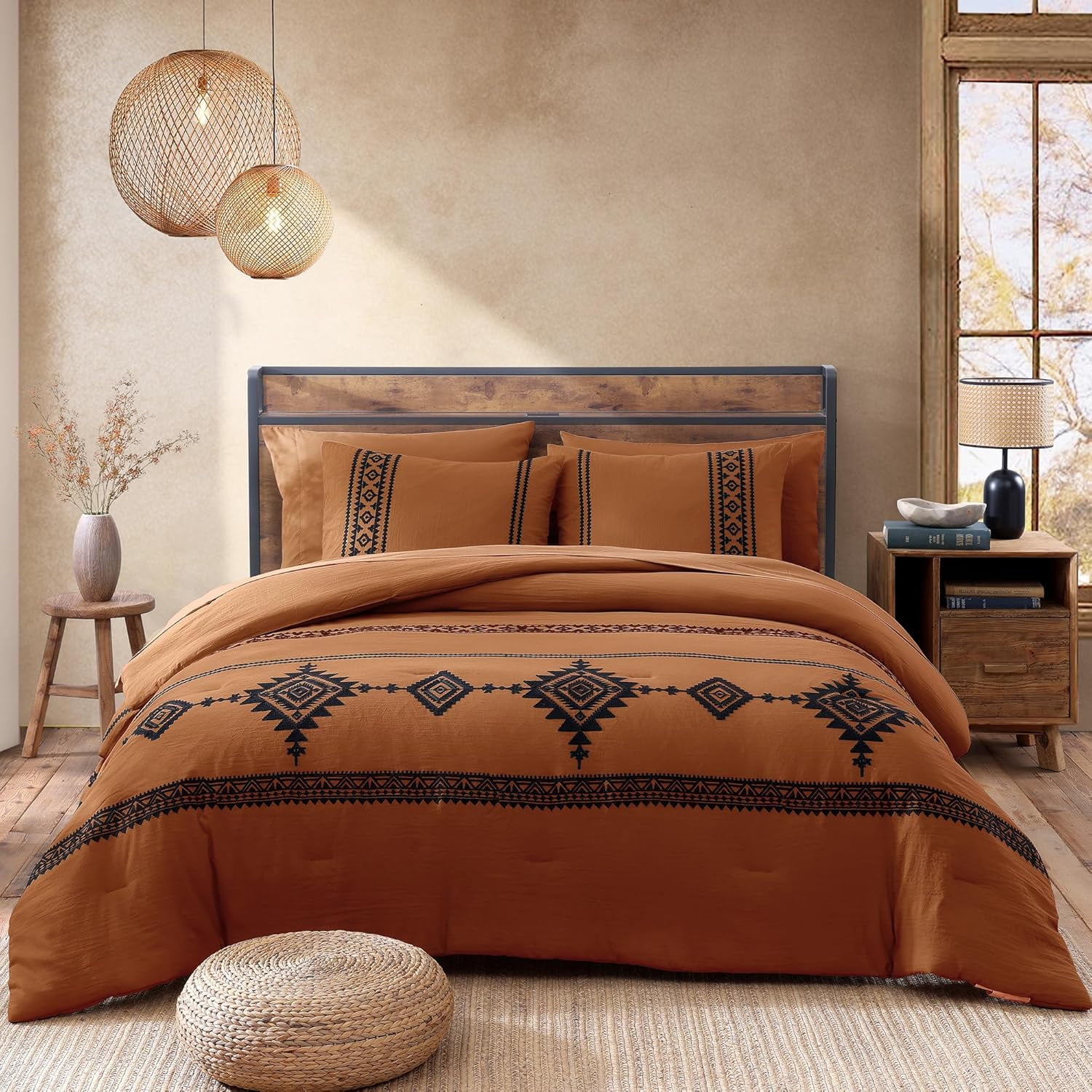 Burnt Orange Embroidery Comforters Set Queen Size - 7 Pieces, Farmhouse ...