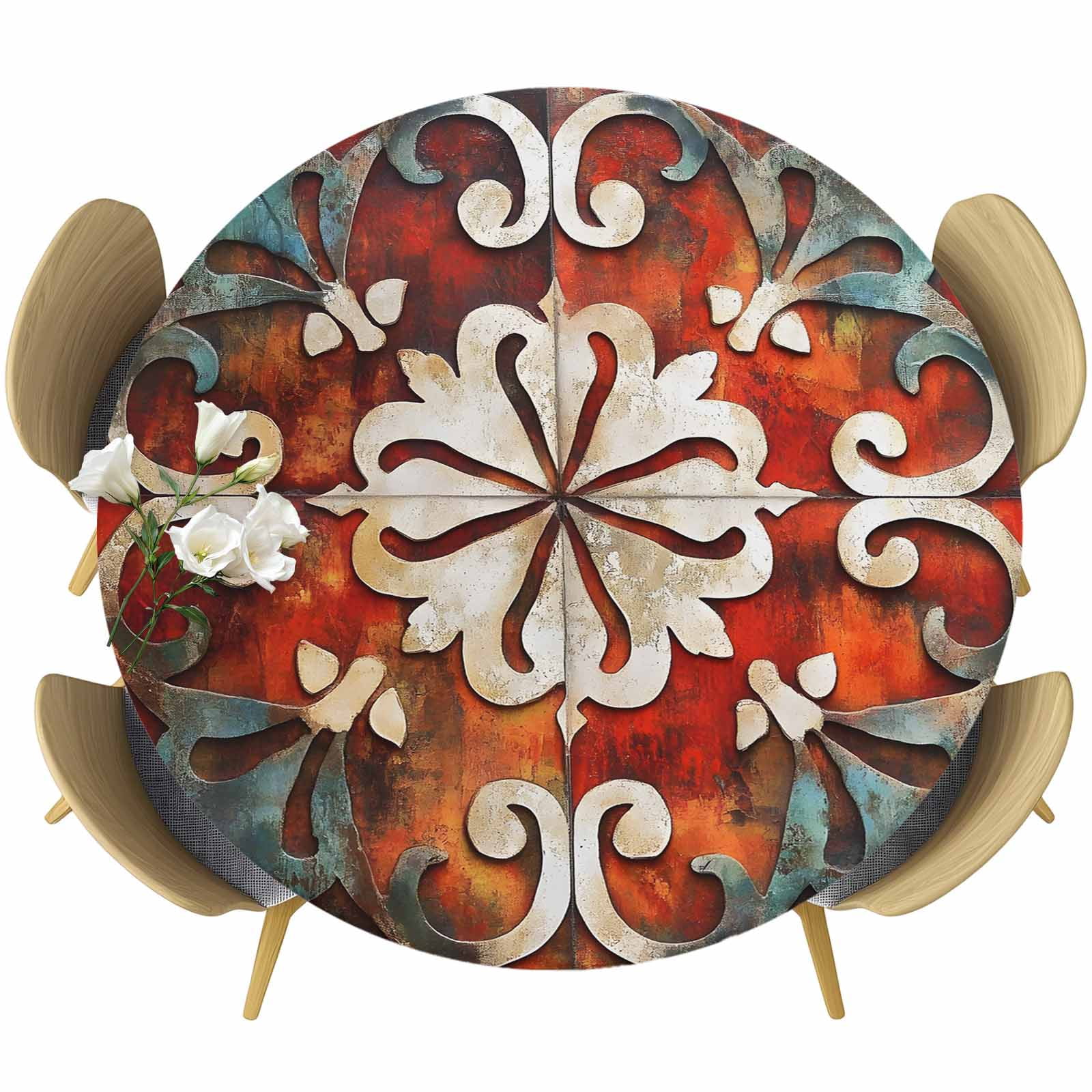 Burnt Orange Ethnic Round Tablecloth 36-44 Inch Round Fitted Table ...