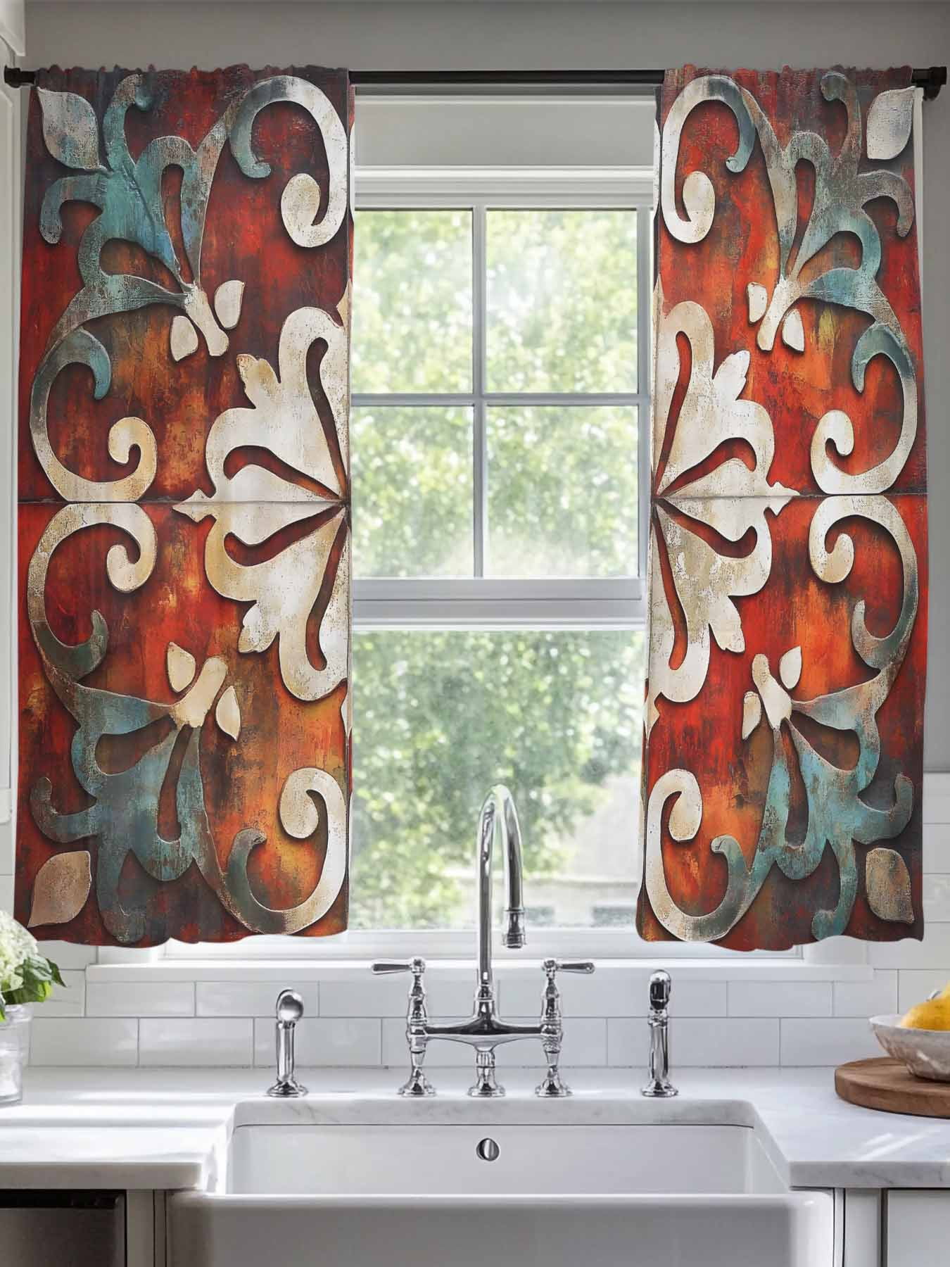 Burnt Orange Ethnic Sheer Curtains for Living Room Bedroom Rustic Boho ...