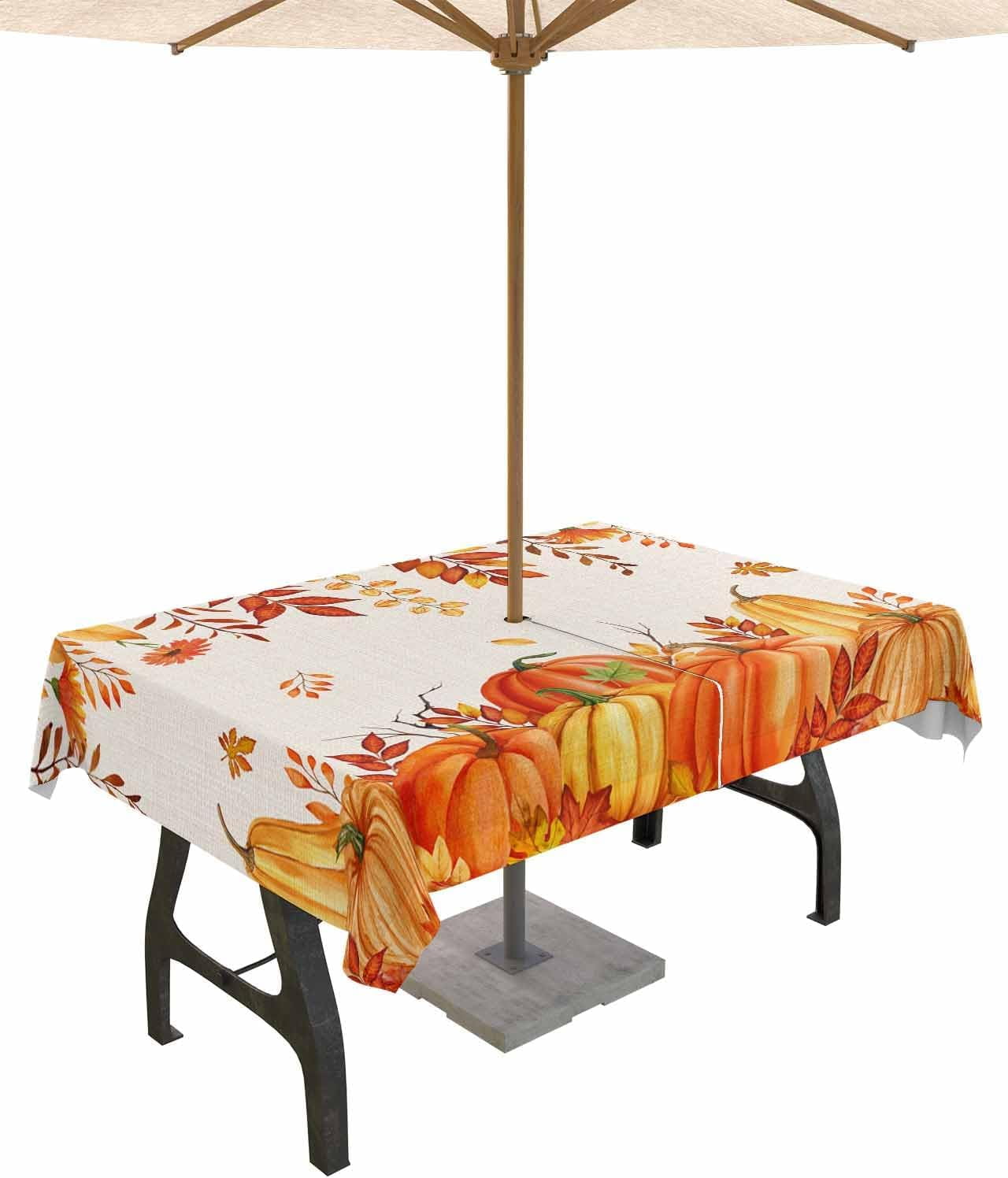 Burnt Orange Fall Outdoor Tablecloth with Umbrella Hole & Zipper, Maple ...