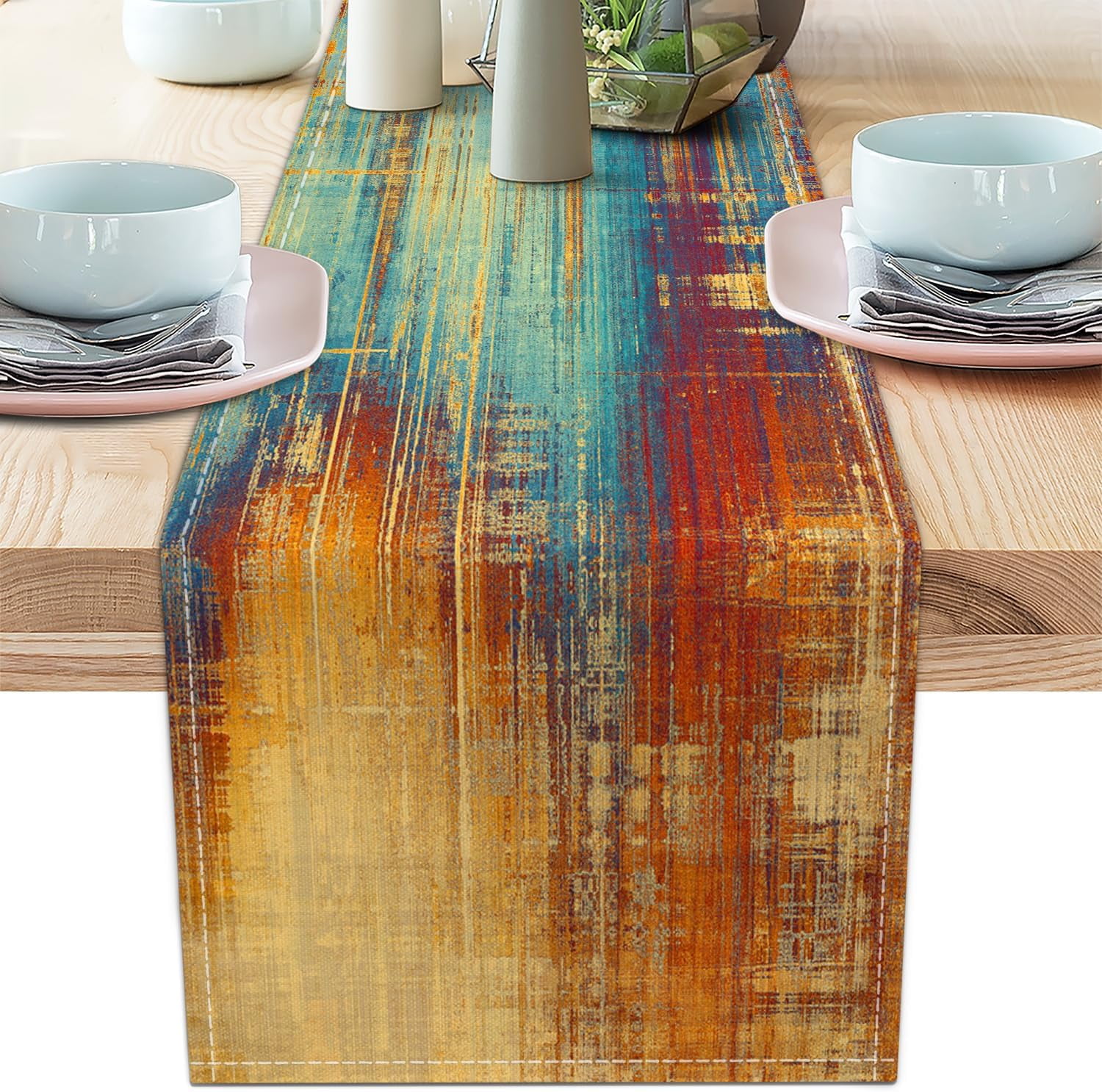 Burnt Orange Farmhouse Table Runner Vintage Abstract Blue and Orange ...