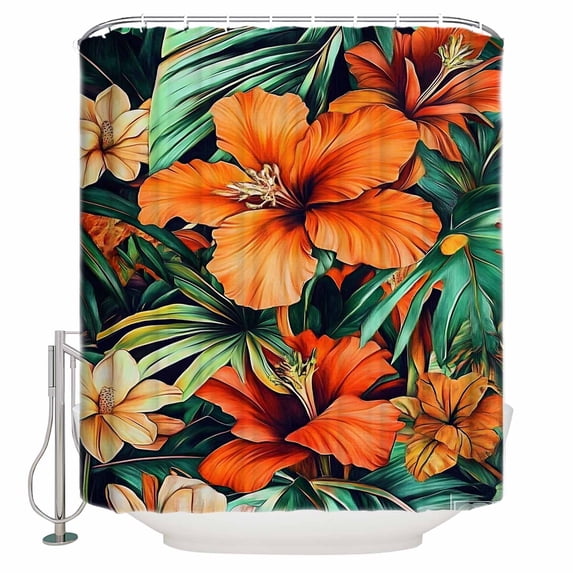 Burnt Orange Floral Bathroom Shower Curtains with 12 Hooks Polyester ...