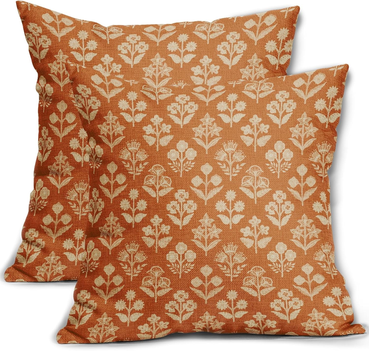 Burnt Orange Floral Block Print Pillow Covers 20x20 Inch Set of 2 ...