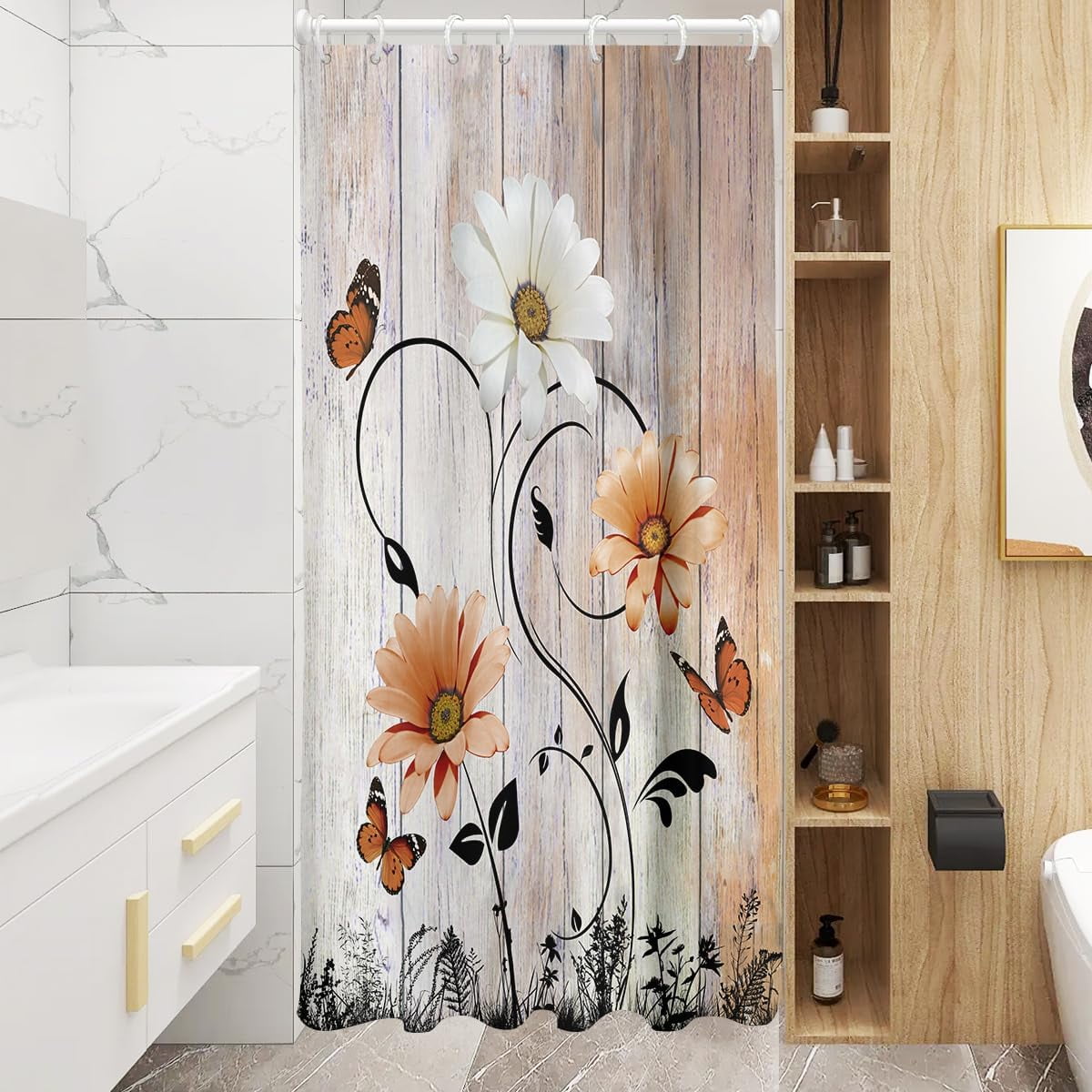 Burnt Orange Floral Shower Curtain Rustic Flower White Daisy Stall ...