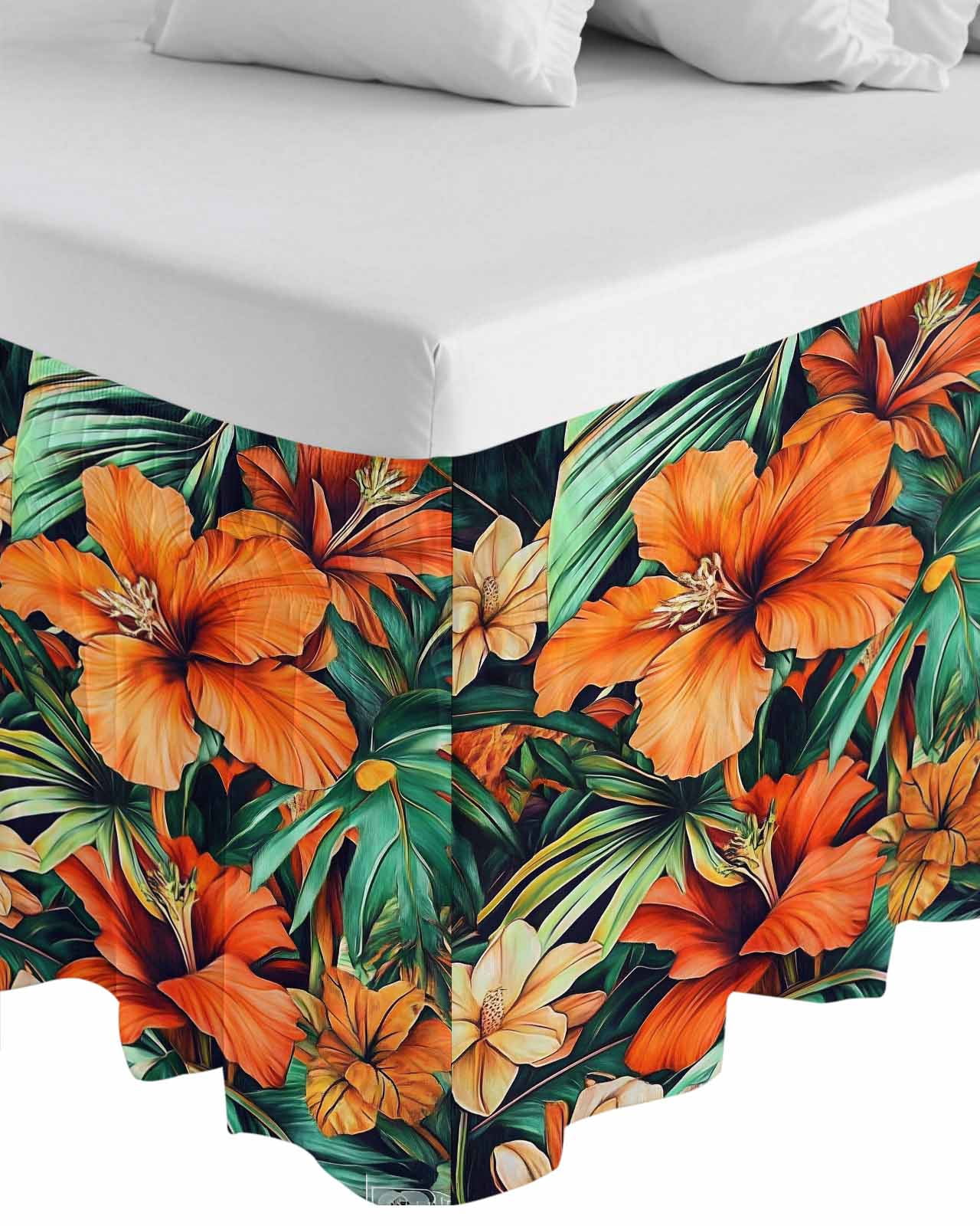 Burnt Orange Floral Wrap Around Bed Skirts for Queen Bed 18" Drop,Bed ...