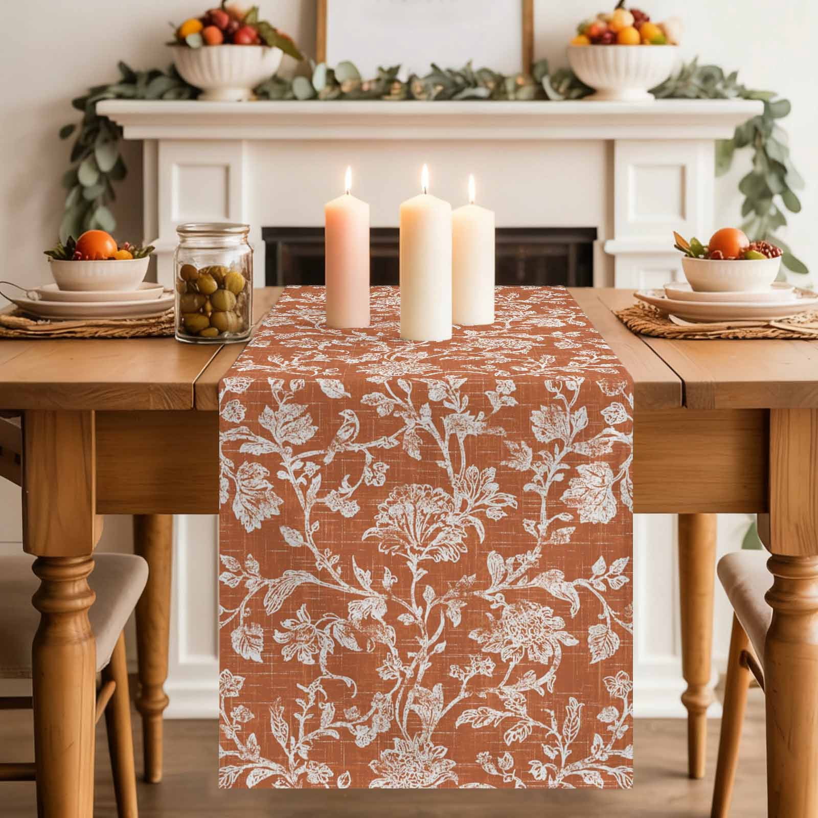 Burnt Orange Flower Dining Table Runner, Pastoral White Plant Petal ...