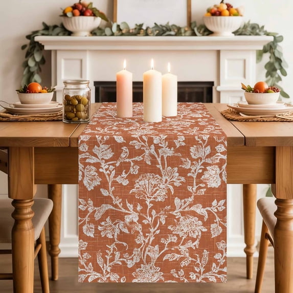 Burnt Orange Flower Dining Table Runner, Pastoral White Plant Petal ...