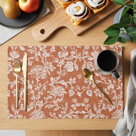Burnt Orange Flower Placemats Set of 2, Pastoral White Plant Petal Leaf ...