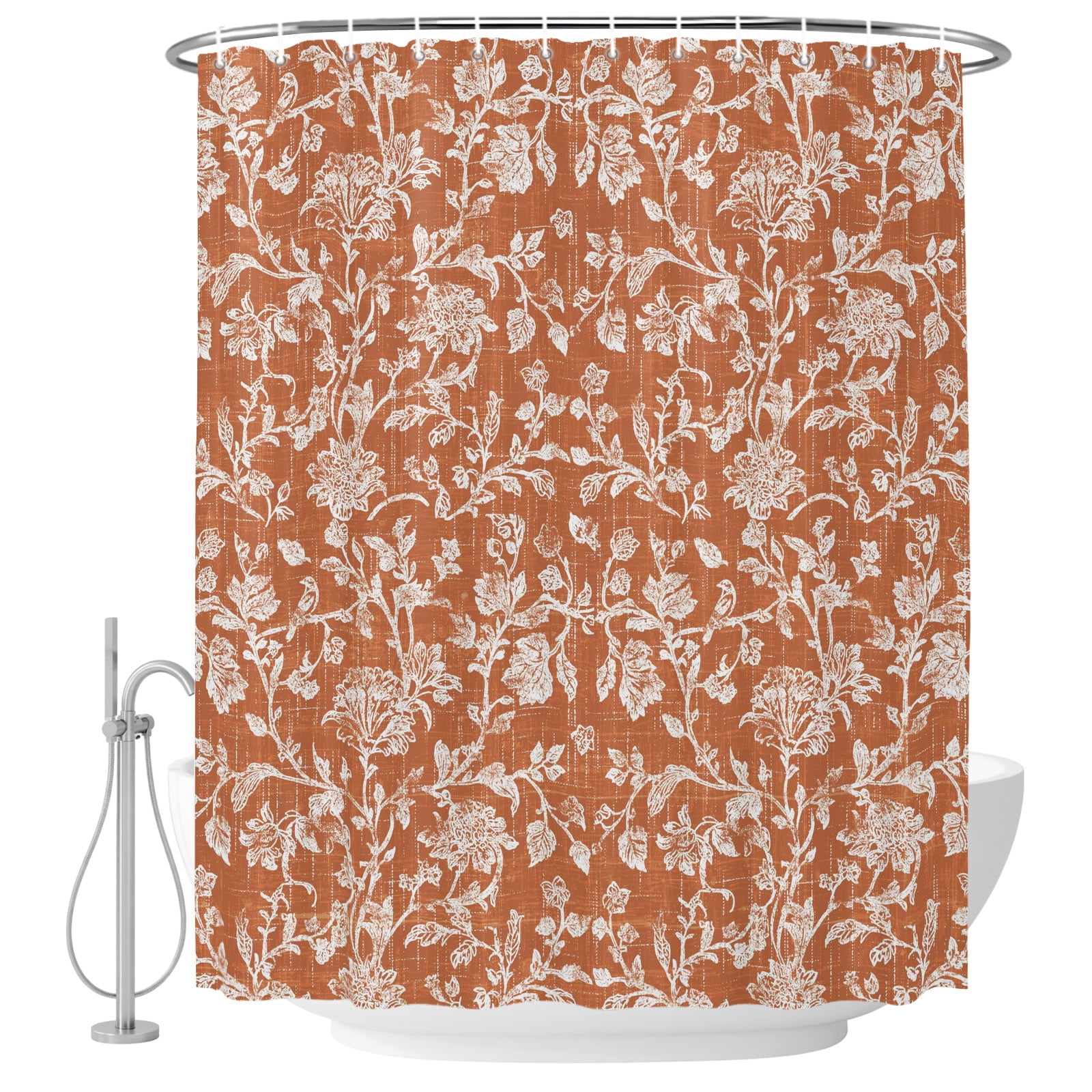Burnt Orange Flower Shower Curtain Set with Hooks, Pastoral White Plant ...
