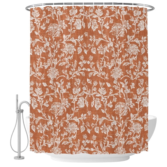 Burnt Orange Flower Shower Curtain Set with Hooks, Pastoral White Plant ...