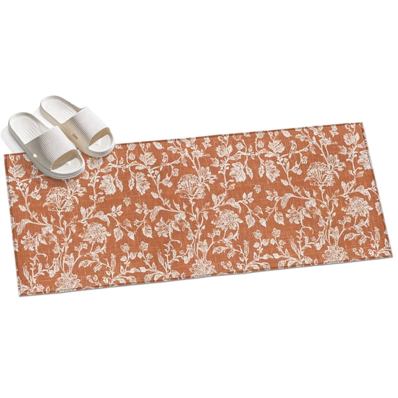 Burnt Orange Flower Washable Area Rug 2 x 6 ft Pastoral White Plant ...