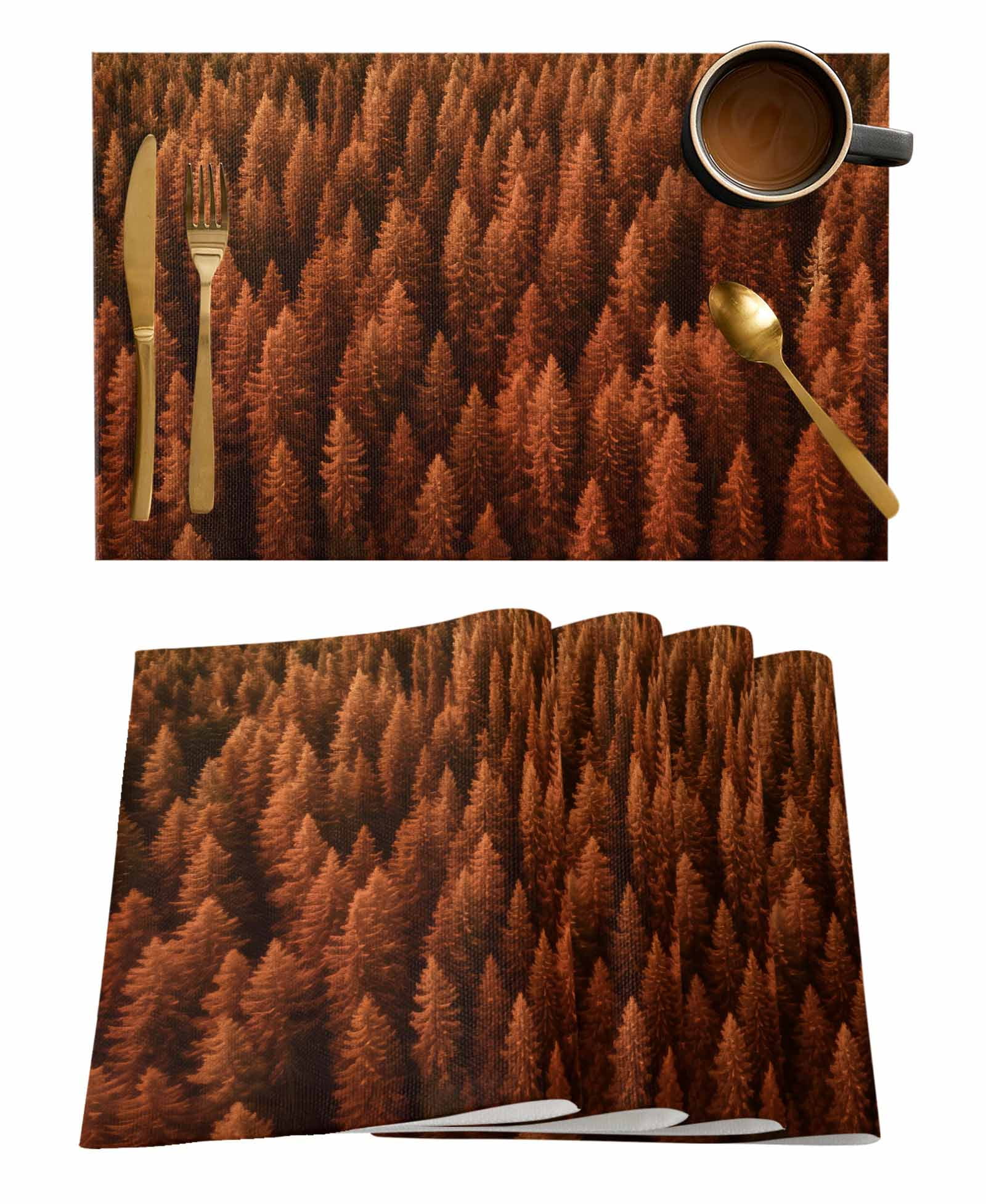 Burnt Orange Forest Placemats Set of 6, Pine Trees Modern Mysterious ...