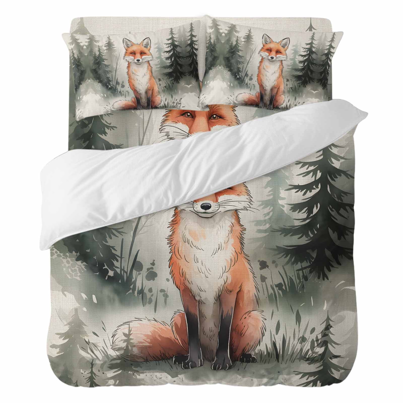 Burnt Orange Fox Bedding Duvet Cover Set Queen Size 4 Pieces, Pine ...